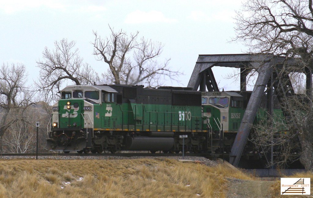 BNSF 8100 (renumbered from BNSF 9200), leads a Decker coal load